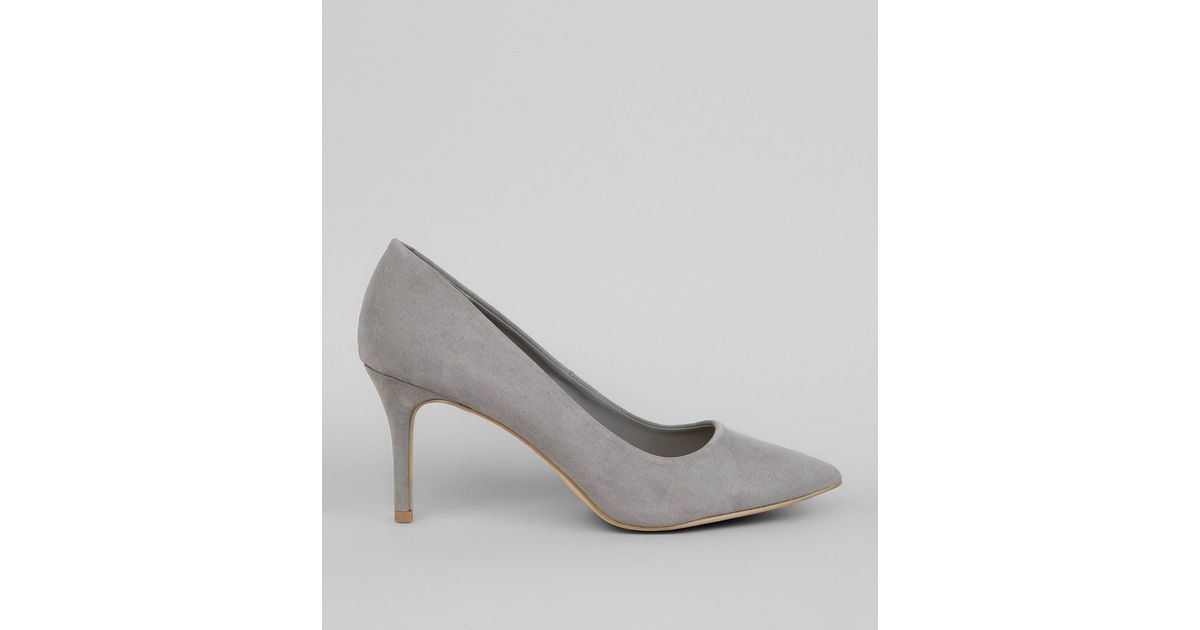 Grey Suedette Mid Heel Pointed Court Shoes | New Look