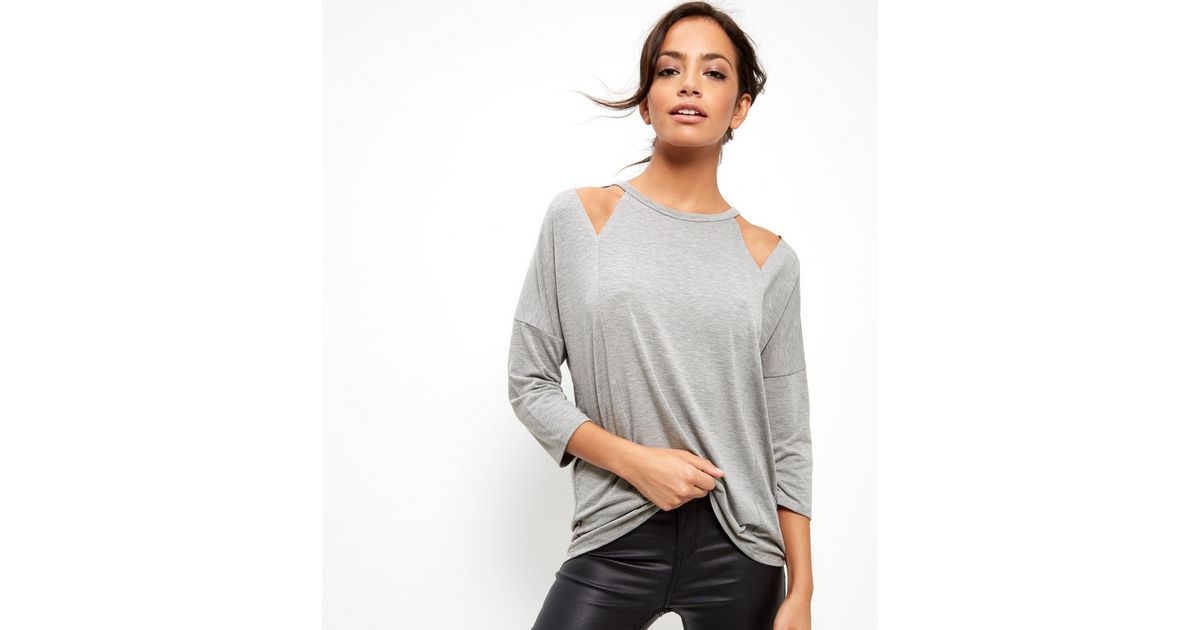 Grey Cut Out Shoulder 3/4 Sleeve Top | New Look