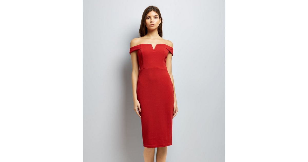 AX Paris Red Bardot Neck Midi Dress | New Look