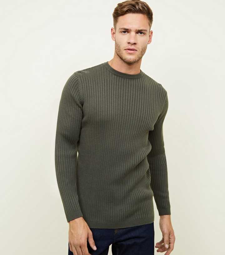 Khaki Ribbed Muscle Fit Jumper | New Look