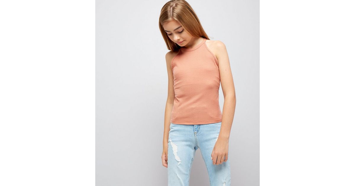 Teens Coral Ribbed High Neck Cami | New Look