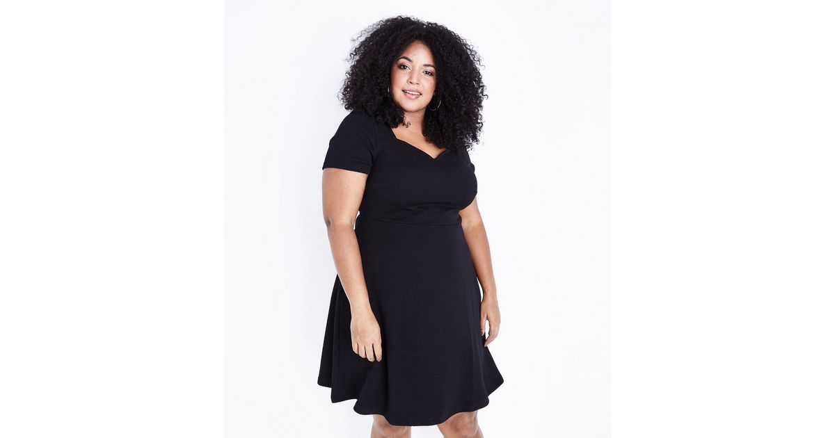 Black Sweetheart Waffle Texture Skater Dress | New Look