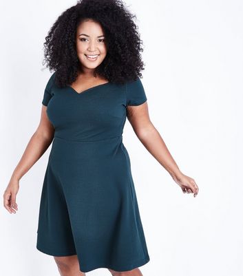 Dark Green Sweetheart Waffle Texture Skater Dress | New Look