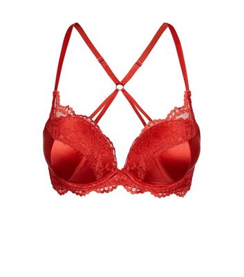 Dark Red Satin Lace Trim Push-Up Bra | New Look