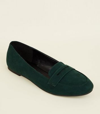 Dark Green Suedette Penny Loafers | New Look