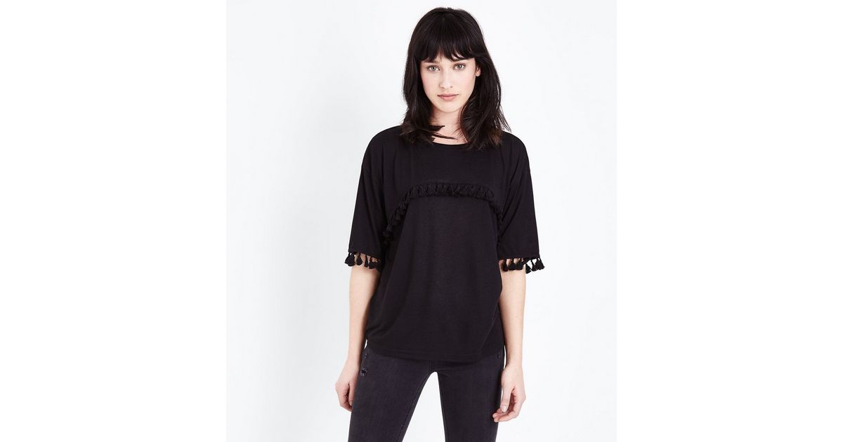 Black Tassel Trim T Shirt New Look