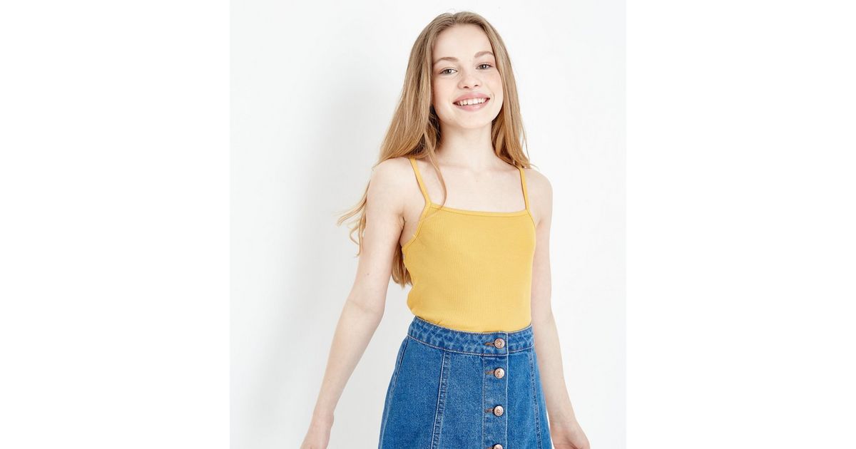 Girls Mustard Ribbed Square Neck Cami Top | New Look