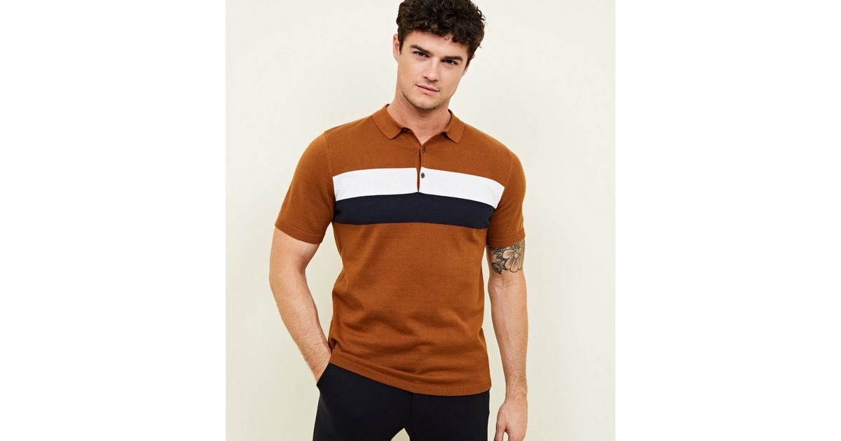 Rust Block Stripe Knit Polo Shirt | New Look