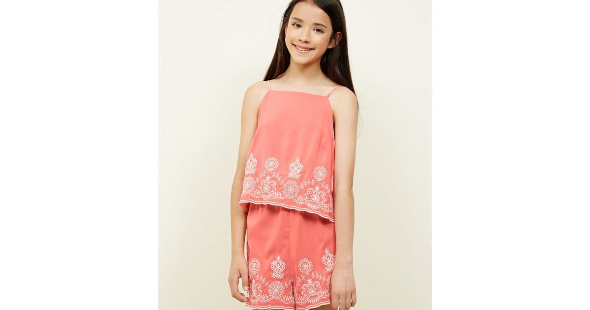 Girls Coral Floral Embroidered Layered Playsuit | New Look