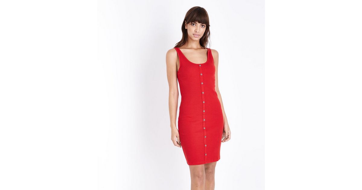 Red Ribbed Button Front Bodycon Dress | New Look