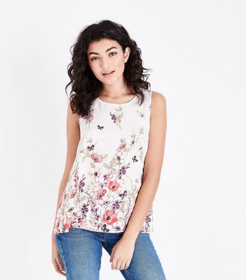 White Floral Border Print Split Back Top | New Look