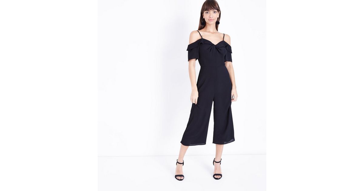 Black Twist Front Cold Shoulder Culotte Jumpsuit New Look