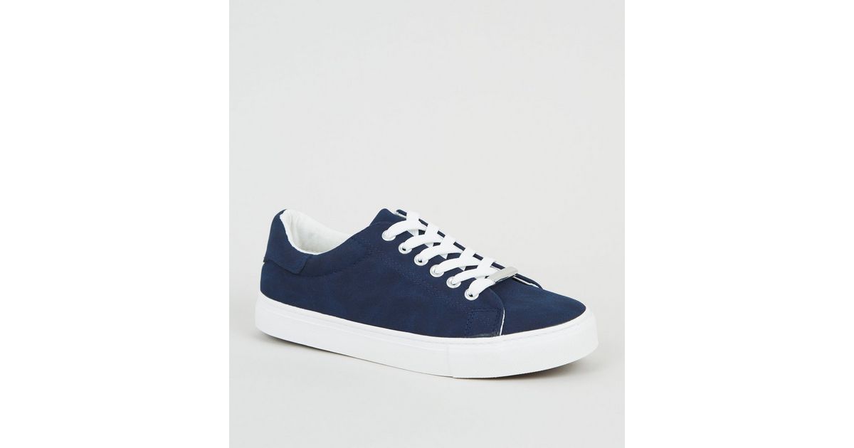 Navy Leather-Look Metal Trim Trainers | New Look