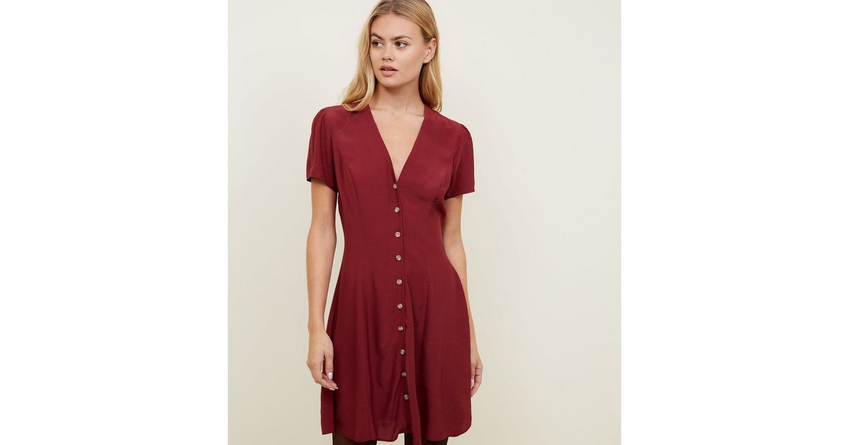 Plum V Neck Button Front Tea Dress | New Look