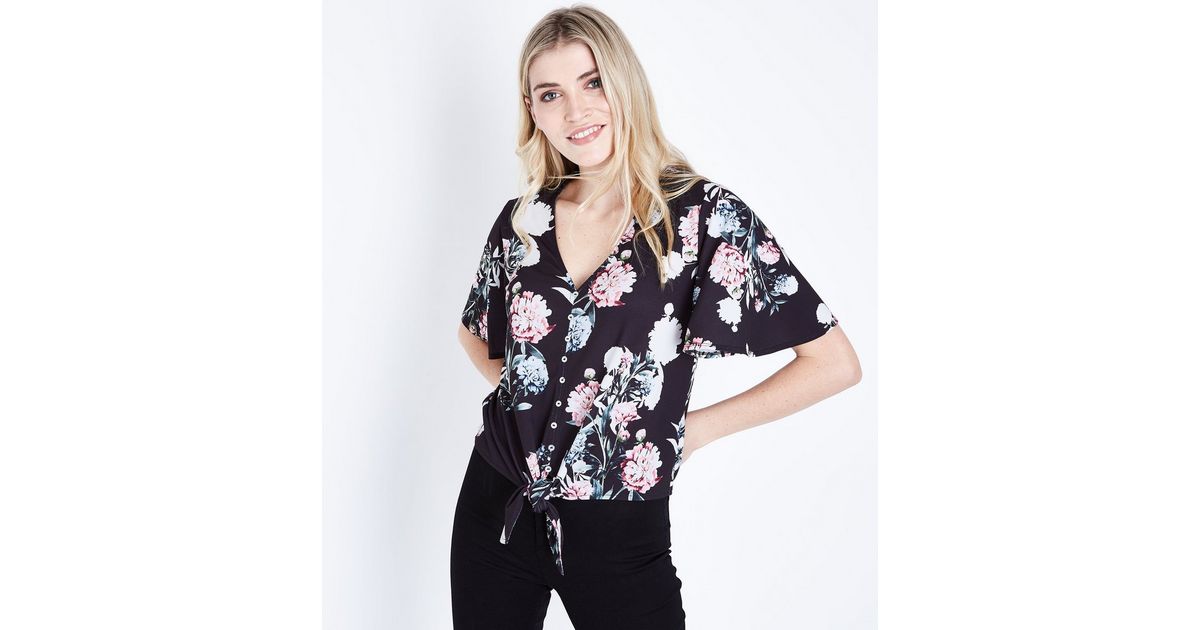 Black Floral Button Up Tie Front Top | New Look