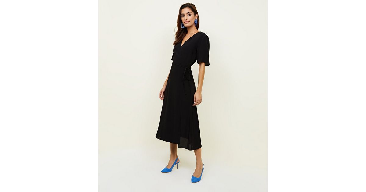 Black Wrap Front Midi Dress | New Look