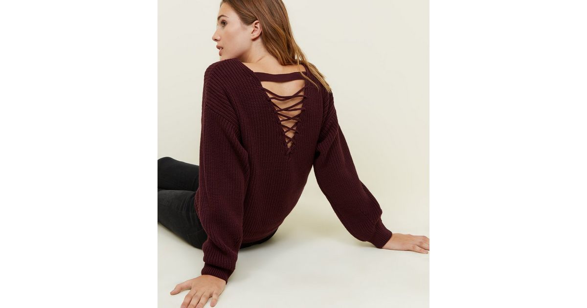 Burgundy Ribbed Lattice Back Jumper | New Look
