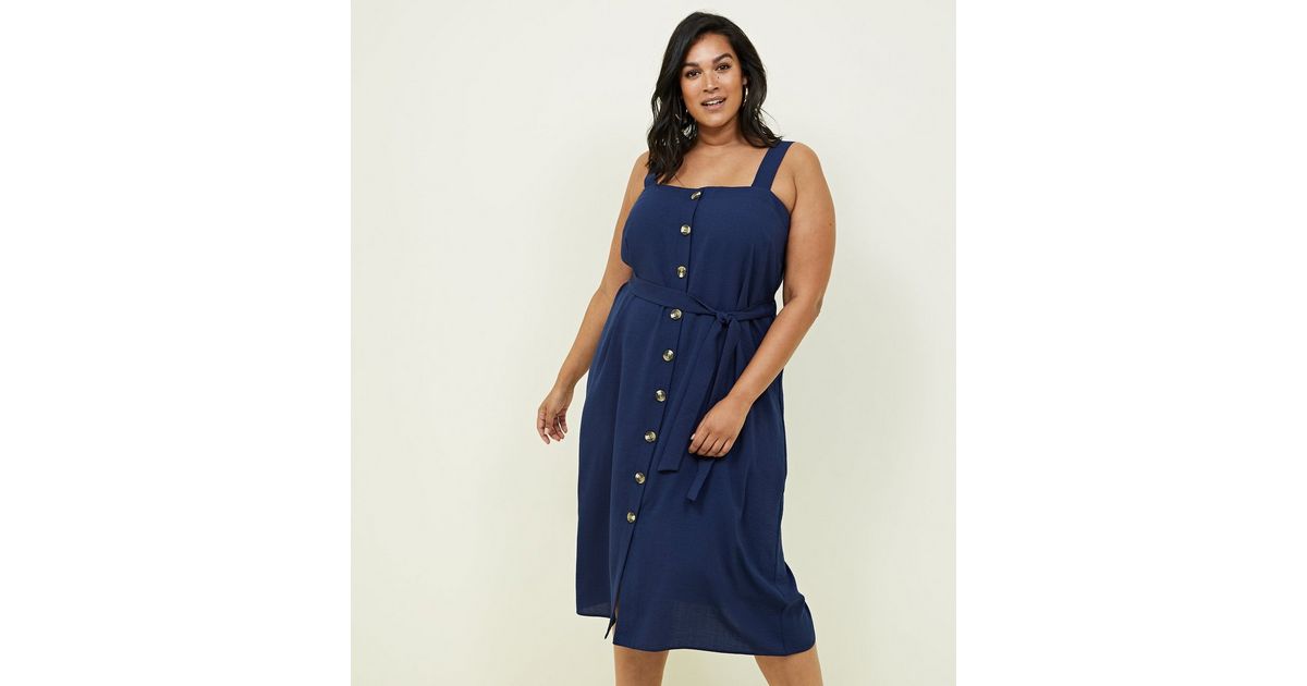 Curves Navy Button Front Belted Midi Dress | New Look