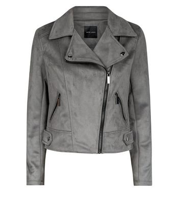 Dark Grey Suedette Biker Jacket | New Look