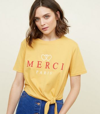 Yellow Merci Heart Print Tie Side T-Shirt | New Look