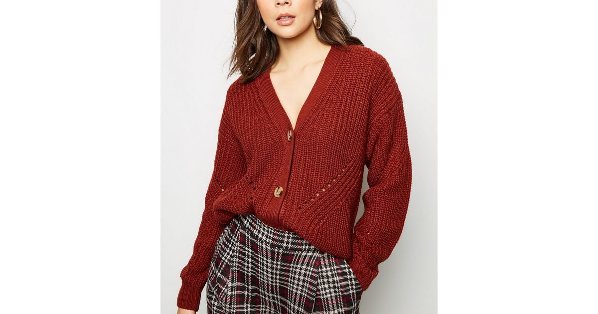Rust Chunky Pointelle Knit Cardigan | New Look