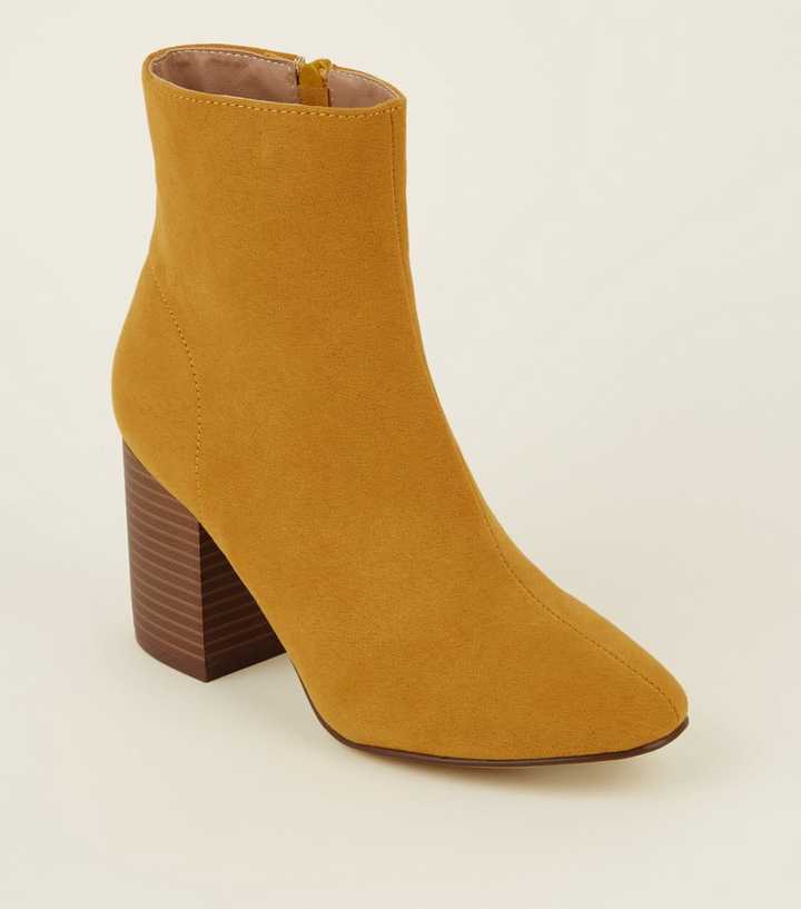 Mustard Suedette Block Heel Ankle Boots | New Look