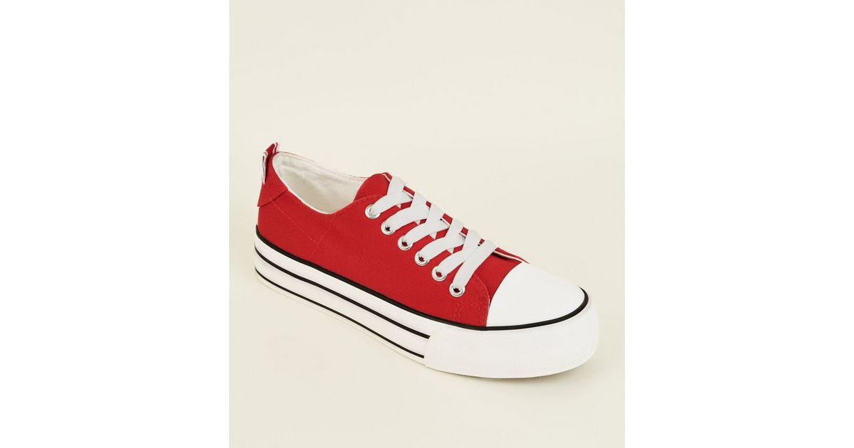 Red Canvas Stripe Platform Sole Trainers | New Look