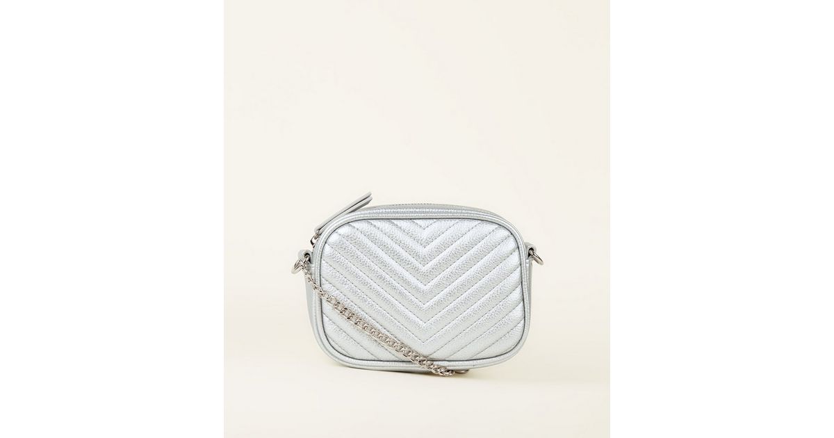 Silver Chevron Quilted Camera Bag | New Look