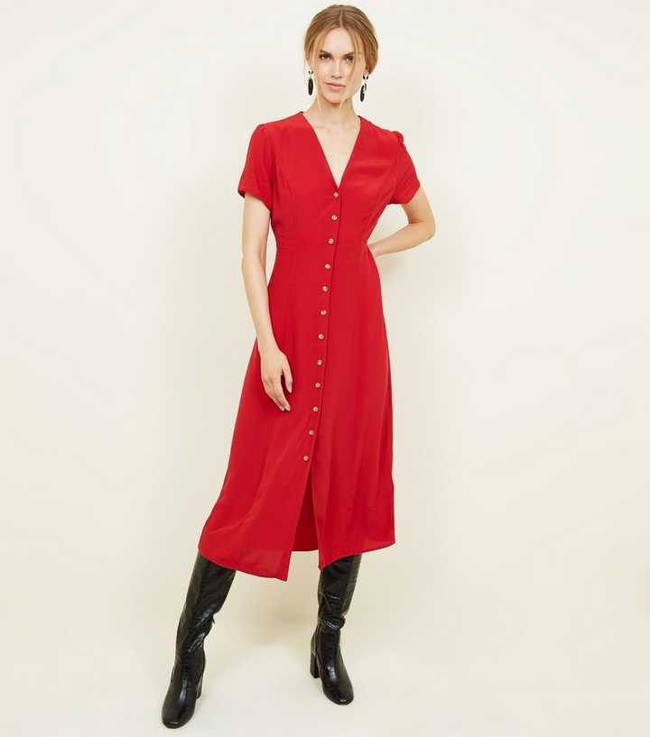 Red Button Front Midi Tea Dress | New Look