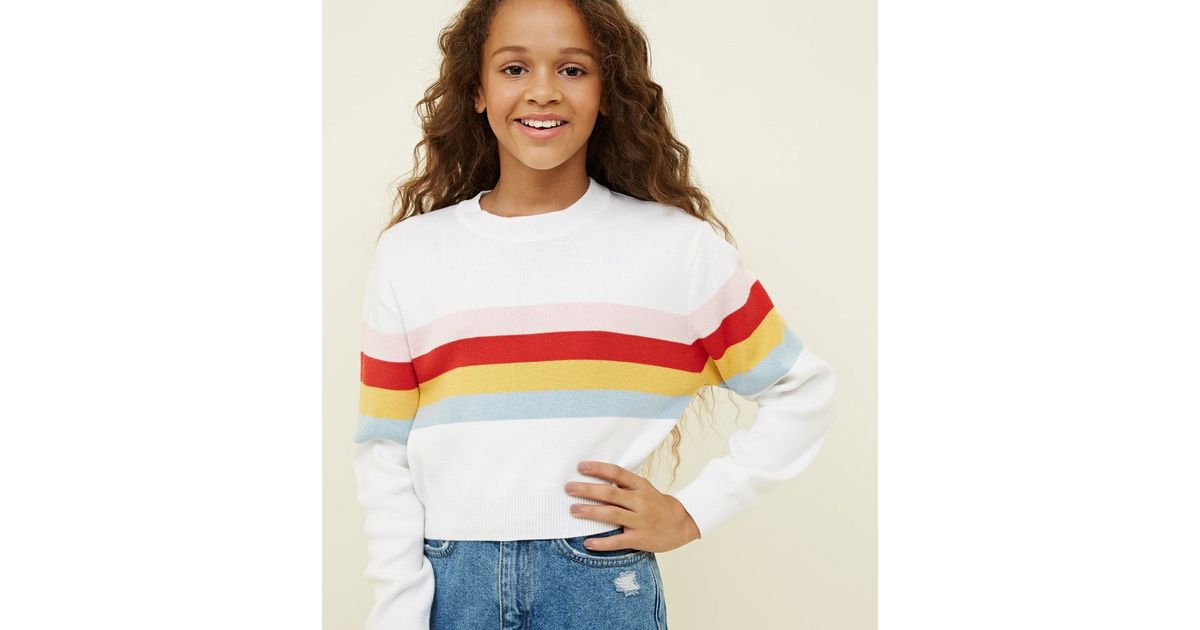 Girls White Rainbow Stripe Jumper | New Look