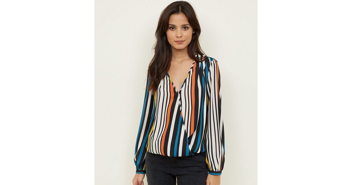 White Wrap Front Long Sleeve Multicoloured Stripe Top | New Look
