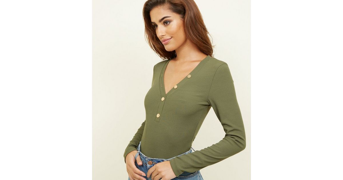 Khaki Ribbed Button Front Bodysuit | New Look