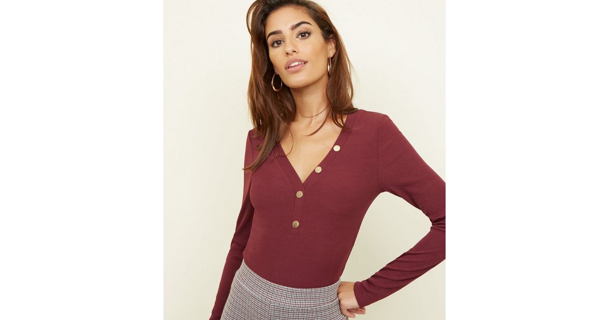 Burgundy Ribbed Button Front Bodysuit | New Look