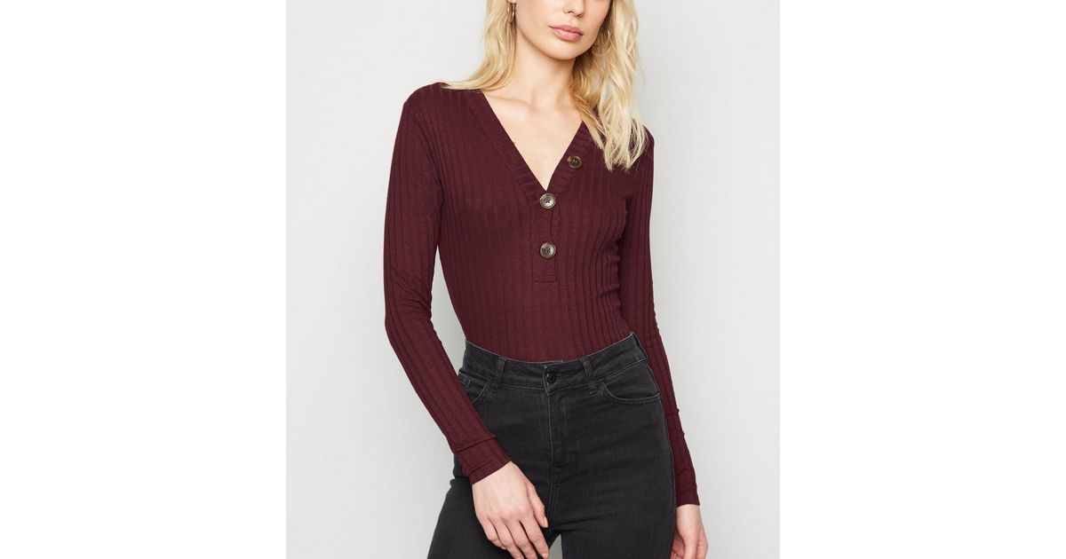 Burgundy Ribbed Button Front Cardigan | New Look
