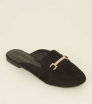 Black Suedette Bar Front Loafer Mules | New Look