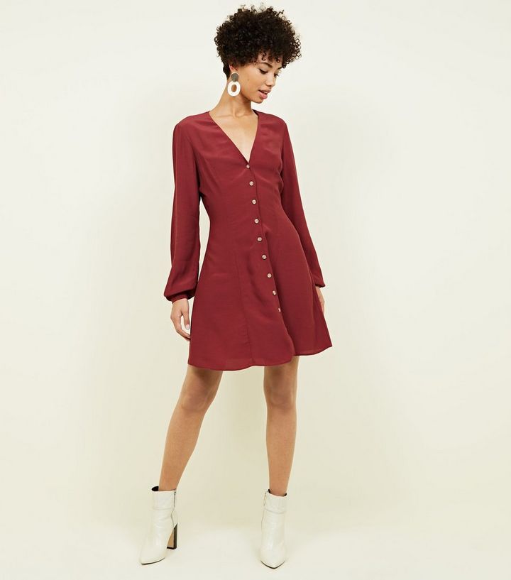 Plum Balloon Sleeve Button Front Tea Dress | New Look