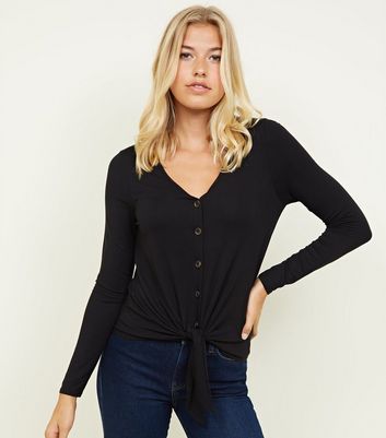 Black V Neck Button Tie Front Top | New Look