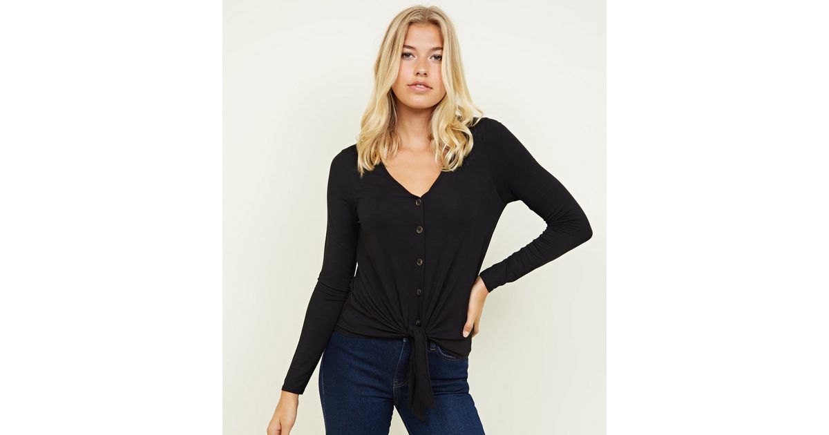 Black V Neck Button Tie Front Top | New Look