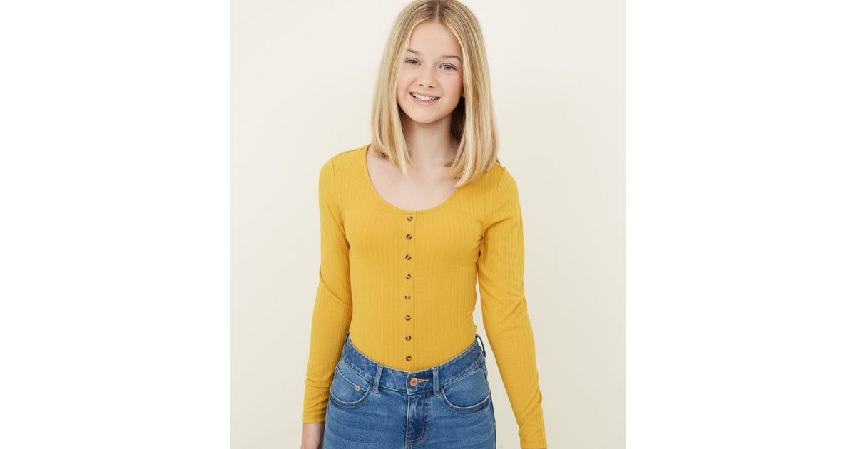 Girls Mustard Ribbed Button Front Top | New Look