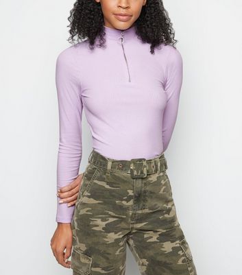 Lilac Ribbed Ring Zip High Neck Top | New Look