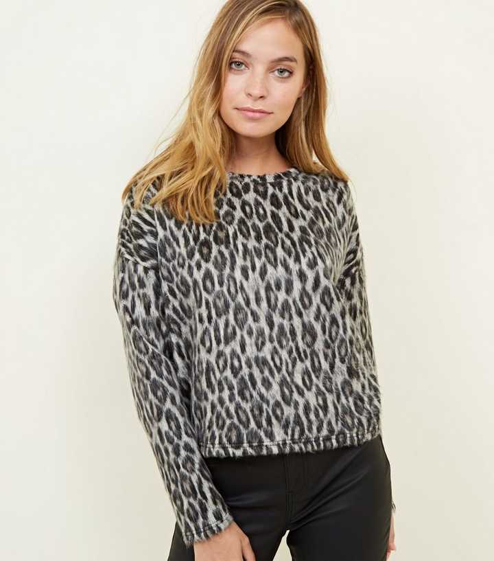 Petite Grey Leopard Print Brushed Fine Knit Top | New Look