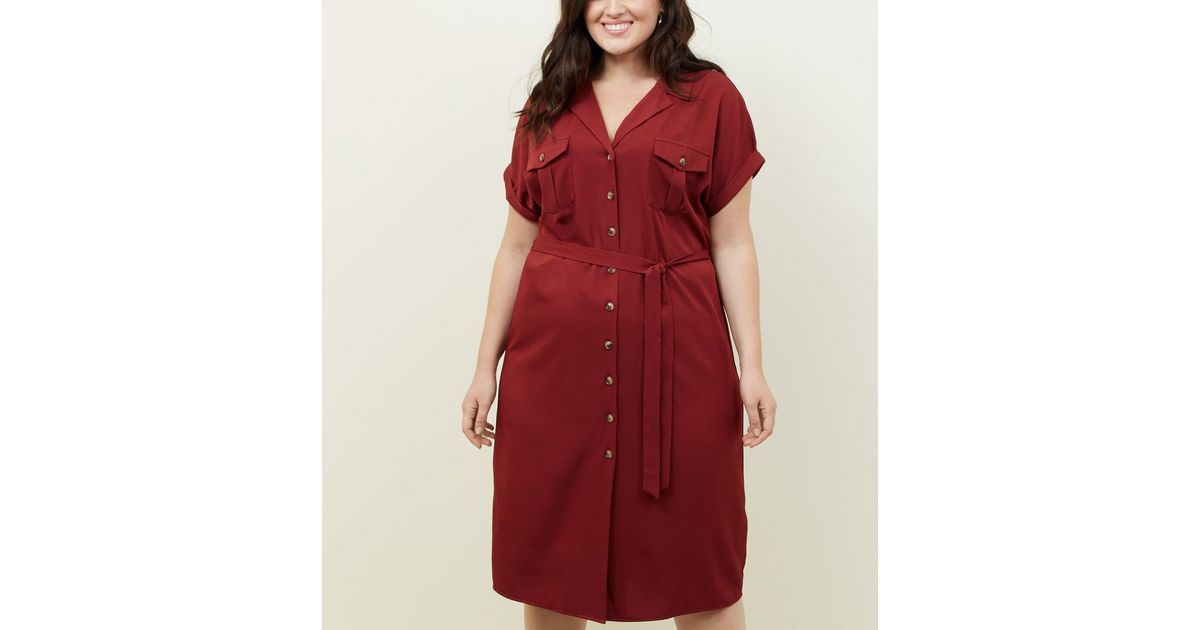 Curves Burgundy Twill Midi Shirt Dress | New Look