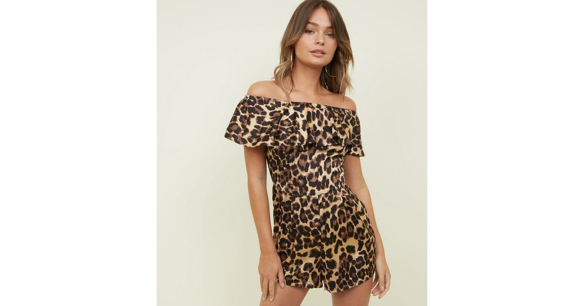 Brown Leopard Print Satin Bardot Party Playsuit | New Look