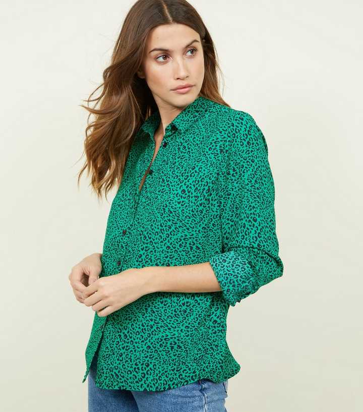 Green Leopard Print Long Sleeve Shirt | New Look