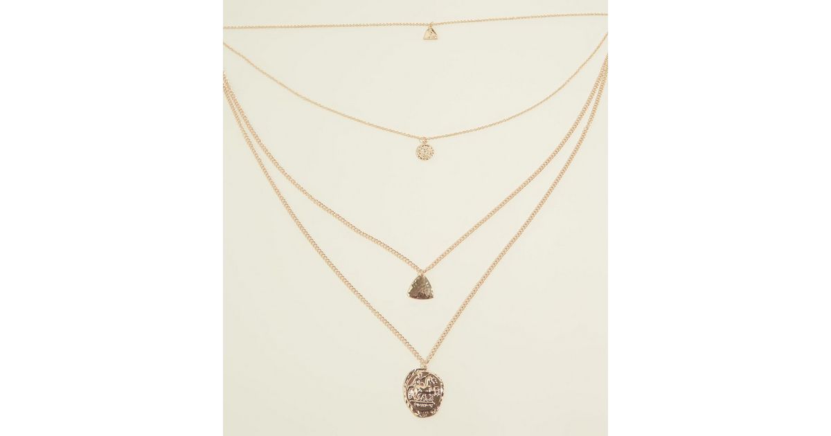 RE:BORN Gold Disc Embossed Layered Necklace | New Look