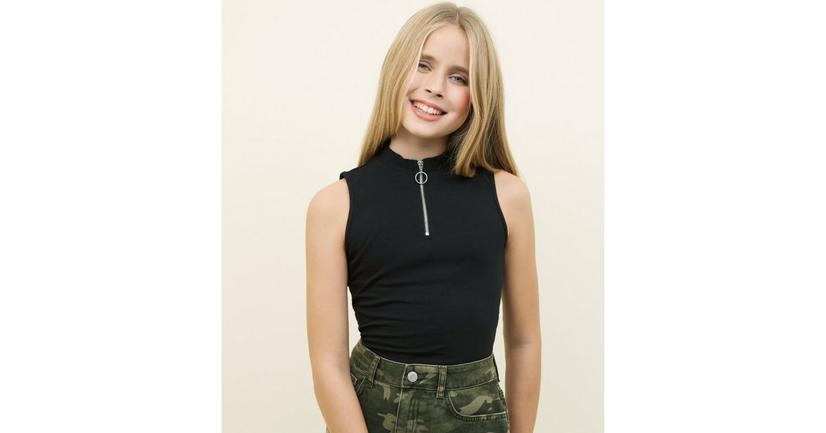 Girls Black Zip Front High Neck Top | New Look