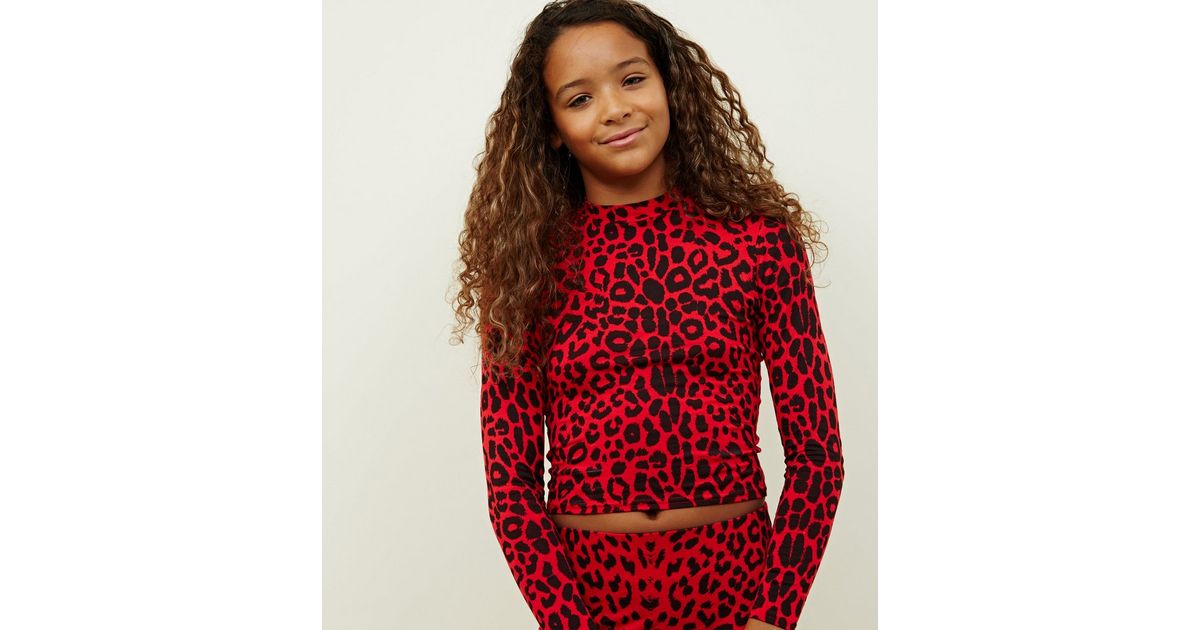 Girls Red Long Sleeve High Neck Leopard Print Top | New Look