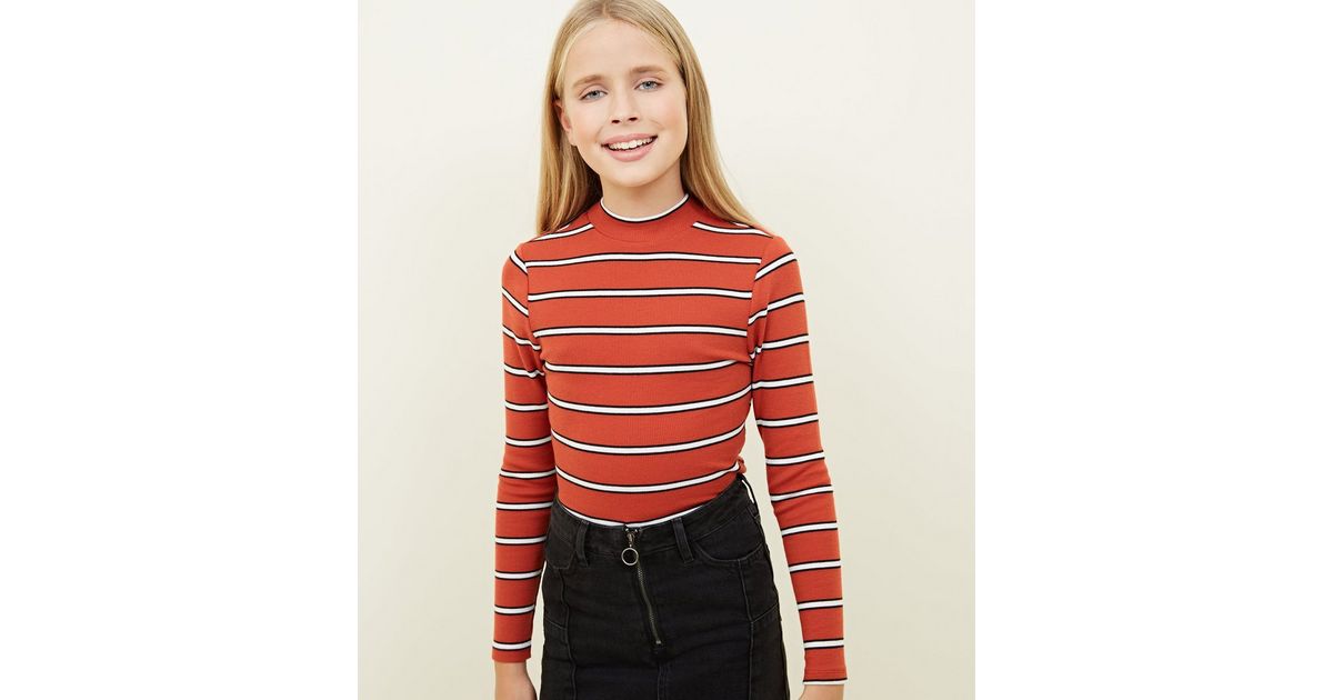 Girls Orange Stripe Funnel Neck Top | New Look
