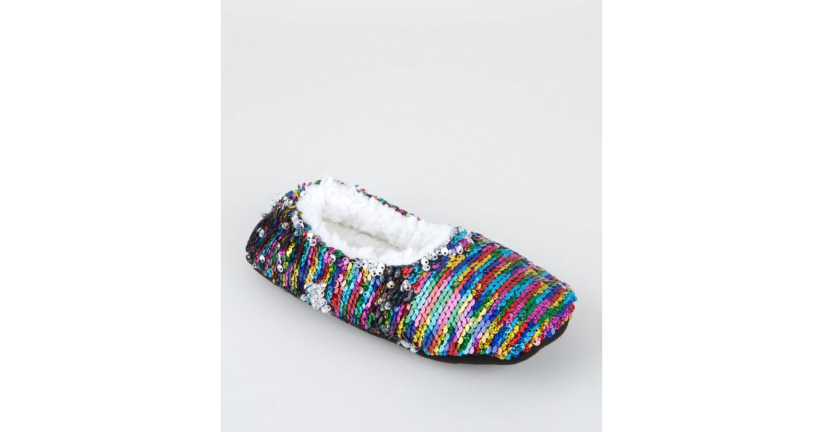 Rainbow 2-Way Sequin Fluffy Ballet Slippers | New Look