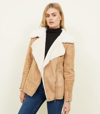 Tan Faux Shearling Biker Jacket | New Look